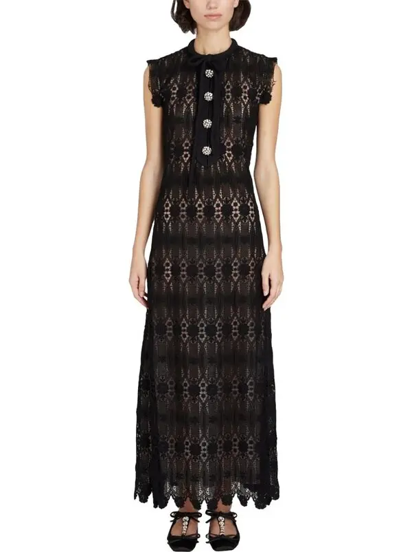 Giambattista Valli Long Embroidered Macramé Dress - Black