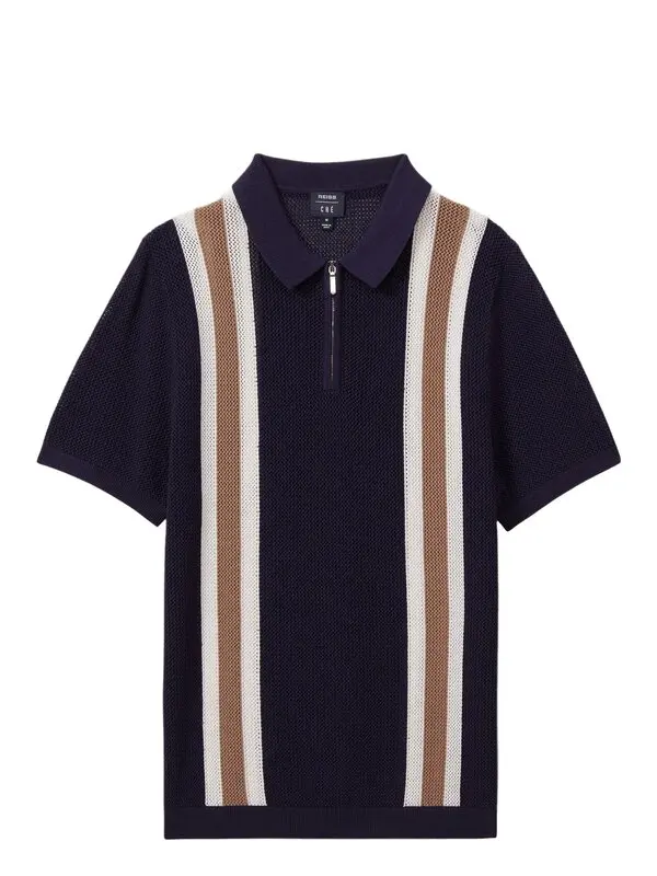 REISS Ricardo Ché Knitted Contrast Stripe Half-zip Zip Polo Shirt - Navy/camel