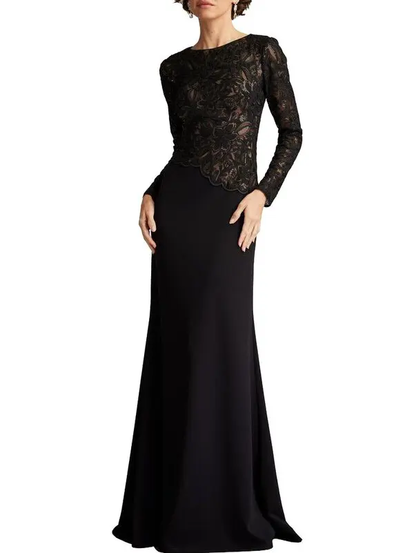 Tadashi Shoji Embroidered Lace Long Sleeve Gown - Black/nude