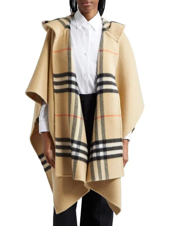 Burberry Check Reversible Hooded Cashmere Cape - Sand