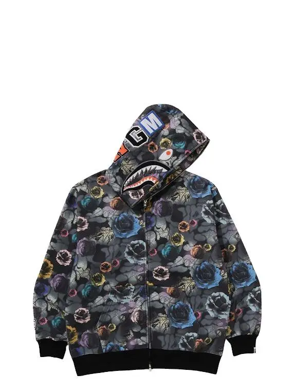 A BATHING APE Floral Camo Shark Relaxed Fit Full Zip Hoodie - Black