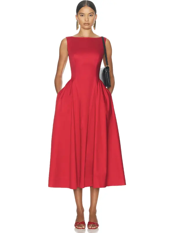 HELSA Stretch Cotton Sateen Midi Dress - Red
