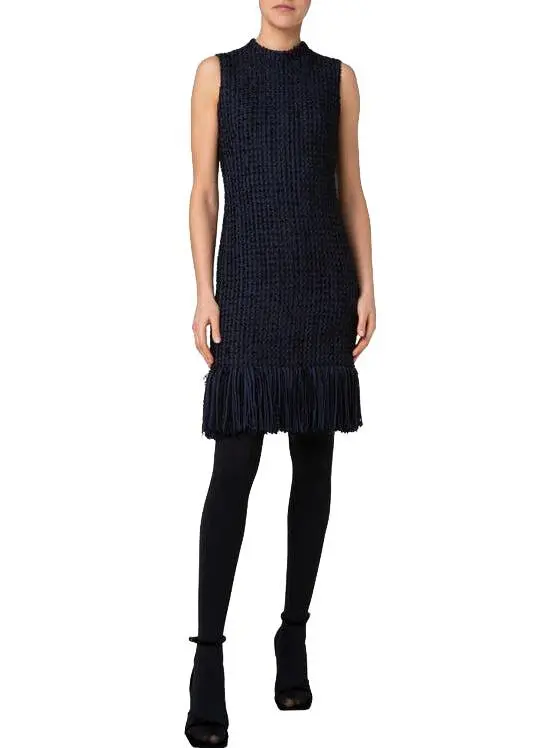 Akris Fringe Tweed Sleeveless Sheath Dress - Navy