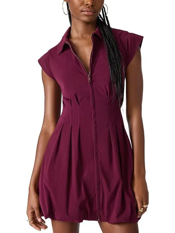 Steve Madden Dyanne Poplin Pleated Mini Dress - Deep Fig