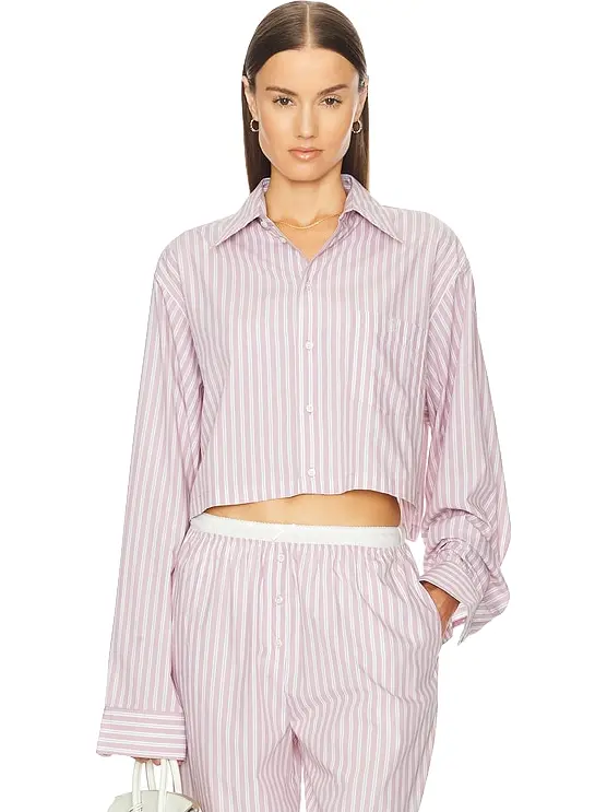 HELSA Wide Stripe Poplin Cropped Shirt - Mauve Stripe