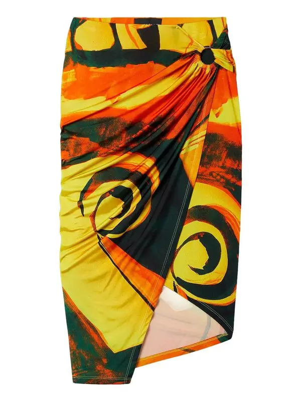 LOUISA BALLOU Coastline Draped Printed Midi Skirt - Mustard