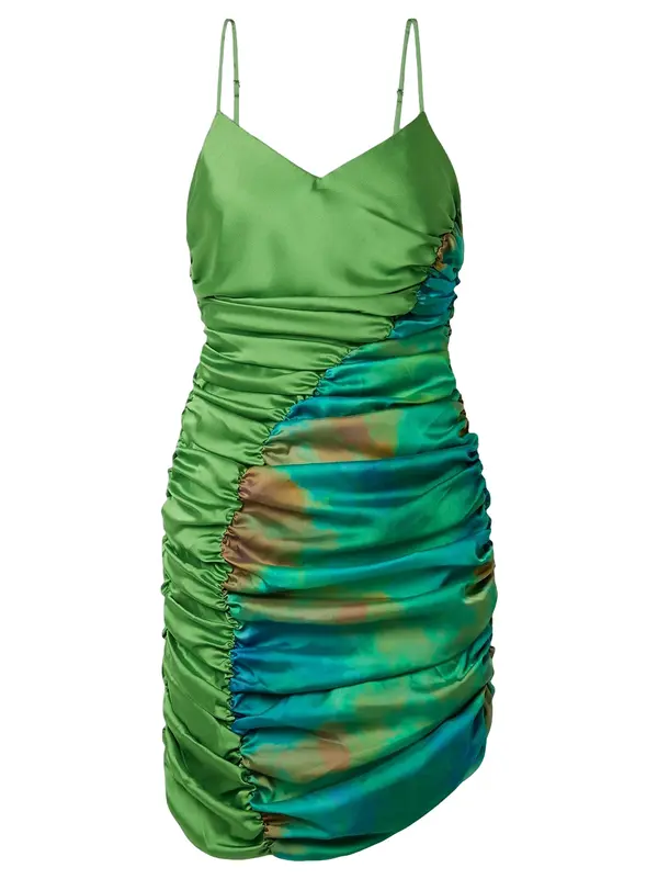 Ahluwalia Ruched Printed Satin-twill Mini Dress - Green