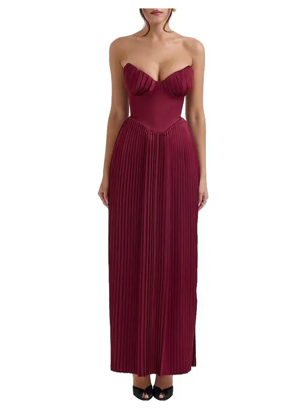 House Of Cb Marcella Strapless Pleated Georgette Gown - Cabernet