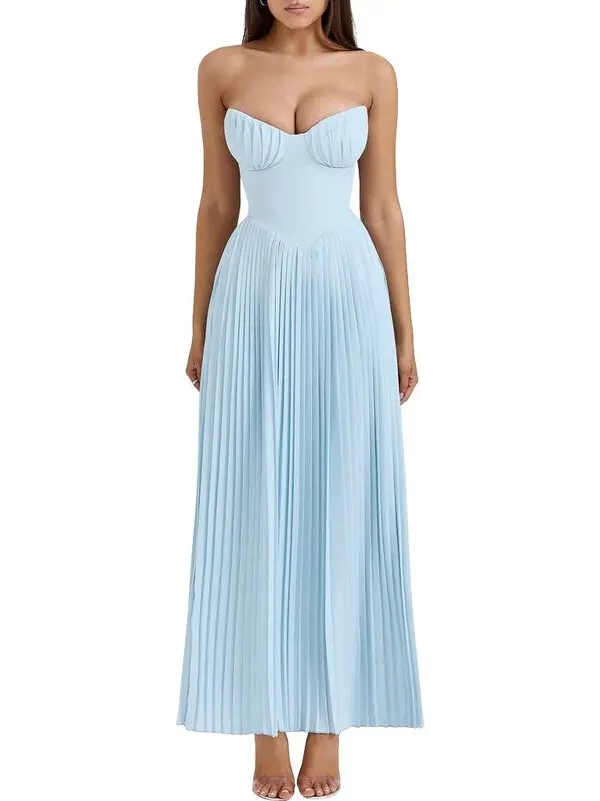 House Of Cb Marcella Strapless Pleated Georgette Gown - Stratosphere