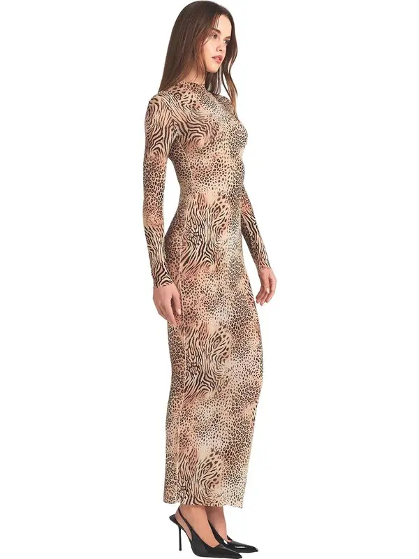 SKIMS Milky Sheer Mock Neck Long Sleeve Dress - Sand Multi Animal