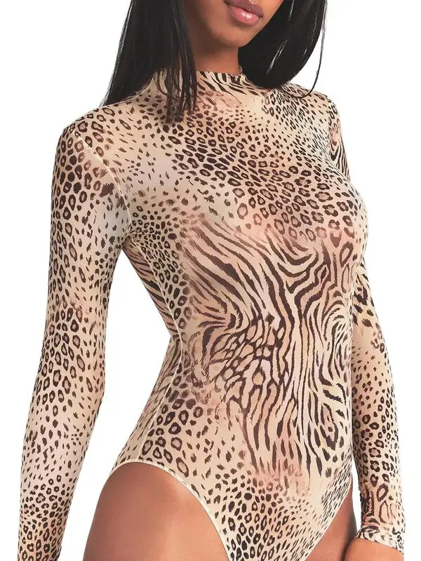 SKIMS Milky Sheer Mock Neck Long Sleeve Bodysuit - Sand Multi Animal