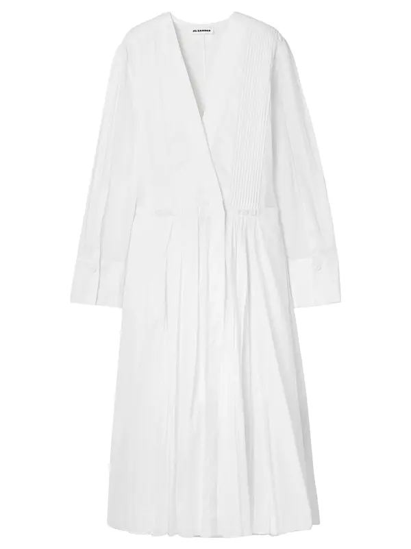 JIL SANDER Wrap-effect Pintucked Plissé Midi Dress - White