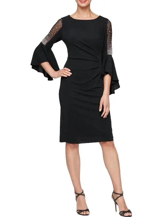 Alex Evenings Ruched Beaded Sleeve Cocktail Dress - Black