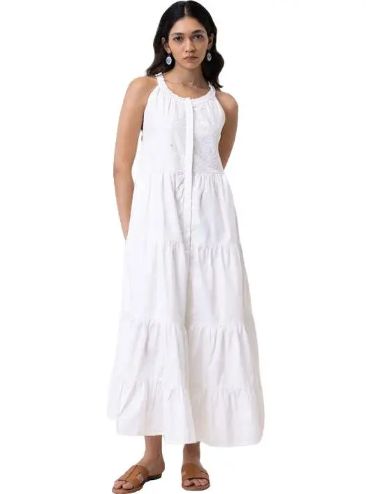 REISTOR Embroidered Tiered Maxi Dress - Coconut White