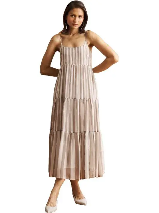 REISTOR Strappy Tiered Maxi Dress - Beige Striped Down