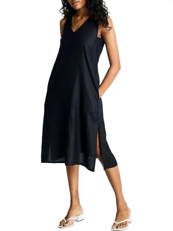REISTOR Hemp V-neck Straight Midi Dress - Black