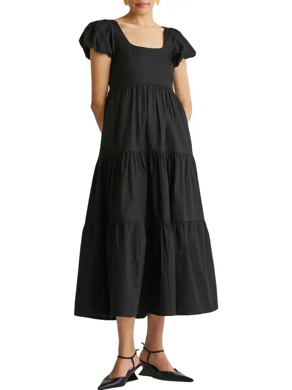 REISTOR Puff Sleeve Tiered Maxi Dress - Black