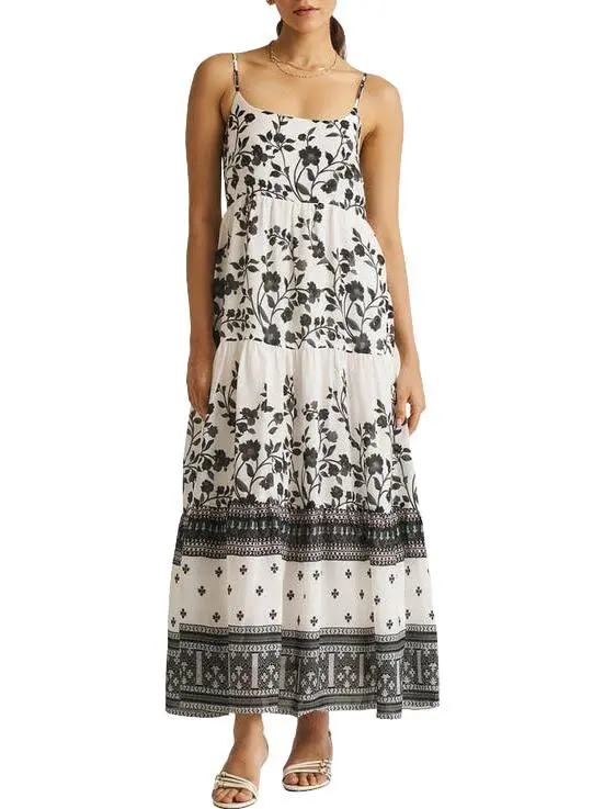 REISTOR Strappy Tiered Maxi Dress - Vines And Twirls Black