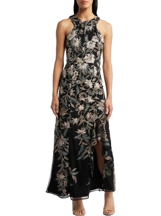 Maggy London Floral Embroidered Mesh Gown - Black/mauve/gold