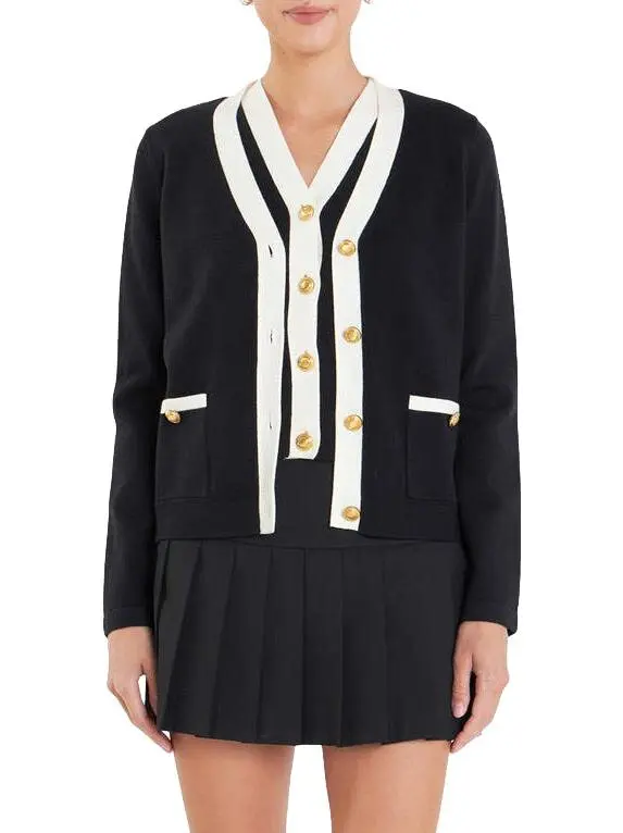 English Factory Contrast Edge Cardigan - Black