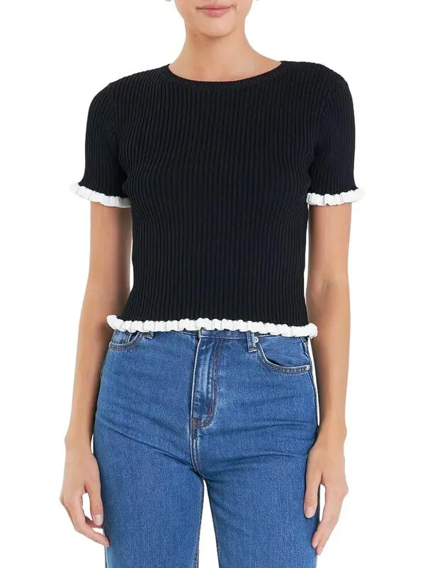 English Factory Ruffle Trim Ribbed Sweater - Black/white