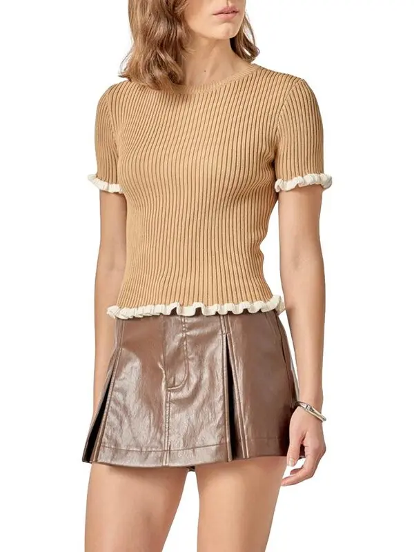 English Factory Ruffle Trim Ribbed Sweater - Camel