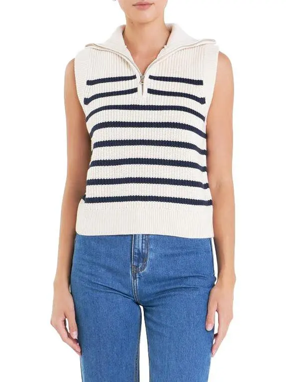English Factory Stripe Sleeveless Quarter Zip Sweater - Cream/navy
