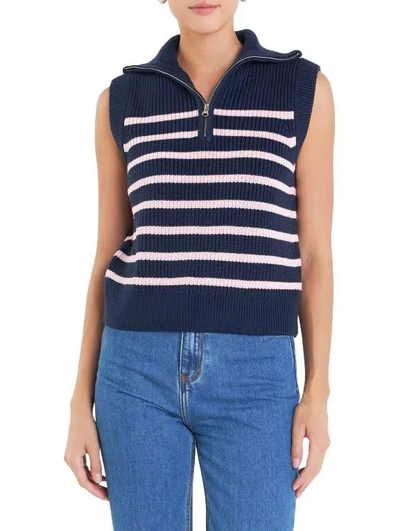 English Factory Stripe Sleeveless Quarter Zip Sweater - Navy/pink