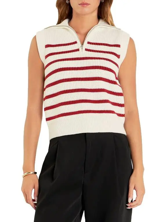 English Factory Stripe Sleeveless Quarter Zip Sweater - White/ Burgundy
