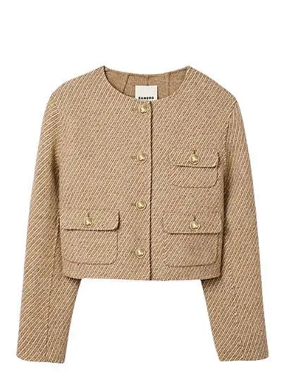 Sandro Patch-pocket Cropped Wool-blend Jacket - Beige