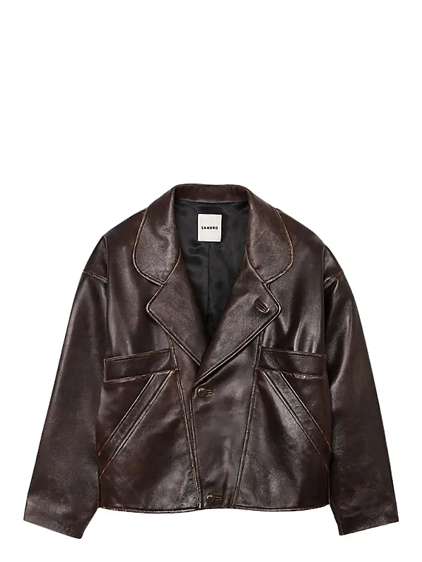 Sandro Oversized-collar Relaxed-fit Leather Jacket - Bruns