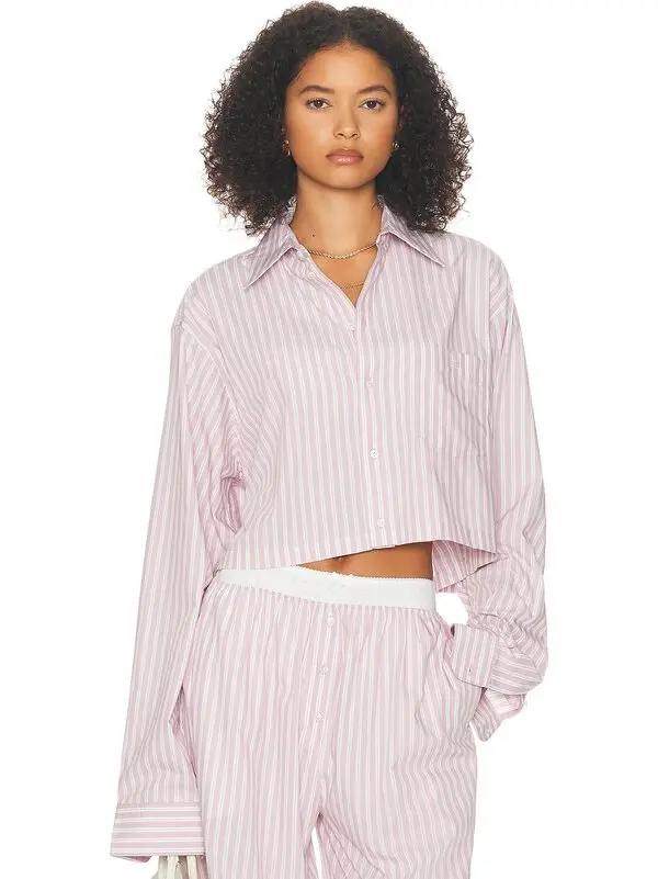 HELSA Wide Stripe Poplin Cropped Shirt - Mauve Stripe