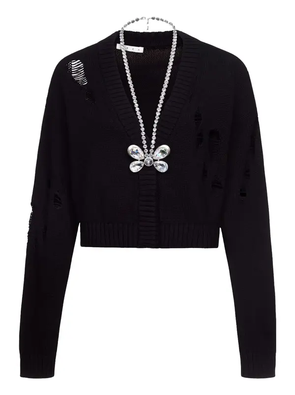 AREA Butterfly-embellished Organic Cotton-blend Cardigan - Black