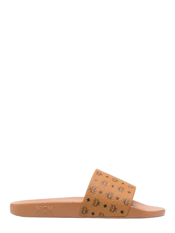 Mcm Logo-print Single-strap Slides - Brown