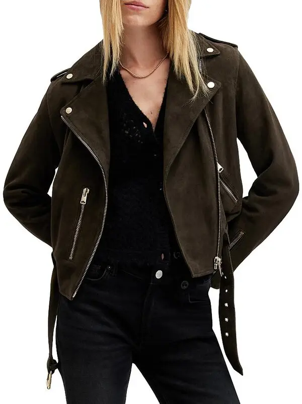 ALLSAINTS Suede Biker Jacket - Tarmac Green