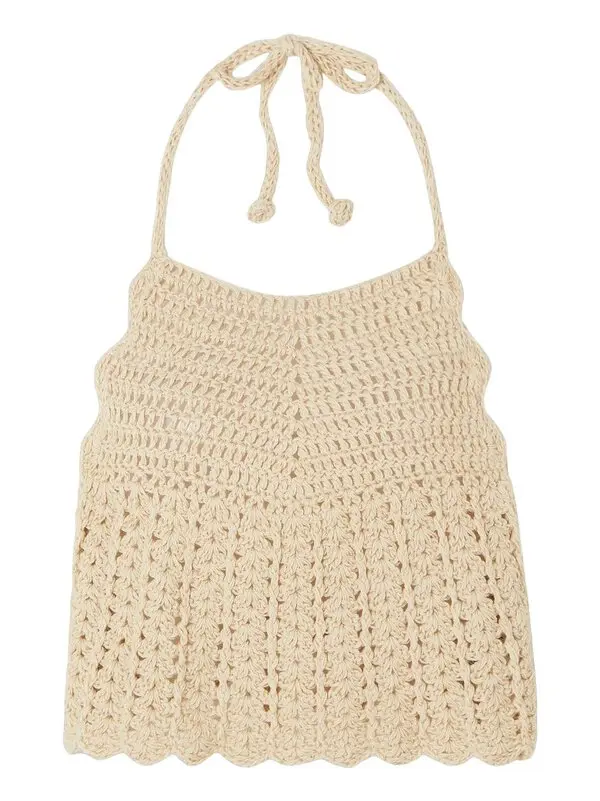 Miguelina Malen Cropped Crochet Halterneck Top - Beige