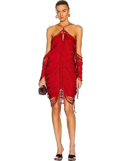 Bottega Veneta Shiny Viscose Fringe Knit Dress - Scarlet