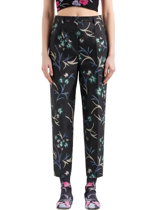 Giorgio Armani Floral-print Calf-length Trousers - Black