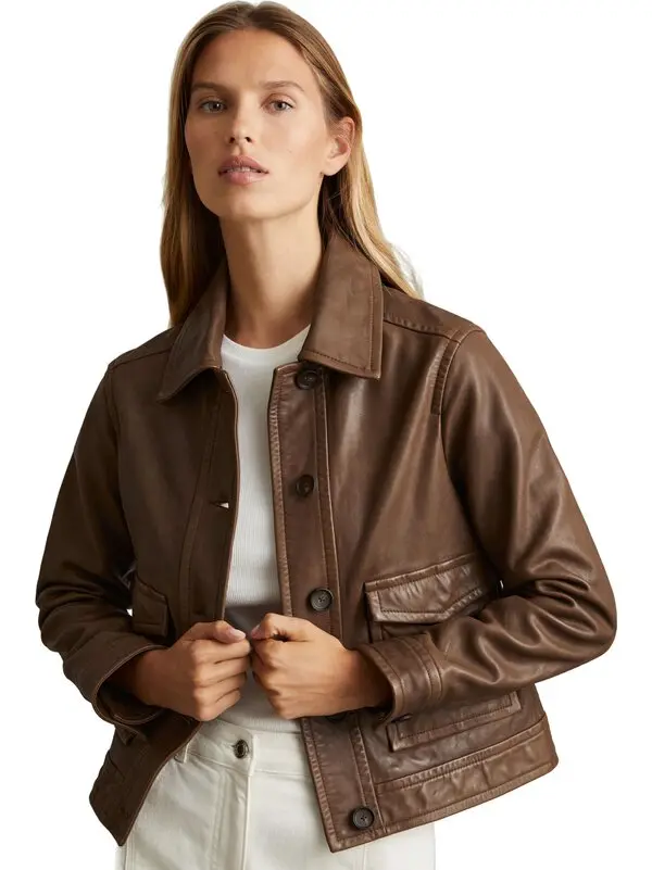 REISS Hanson Leather Trucker Jacket - Chocolate