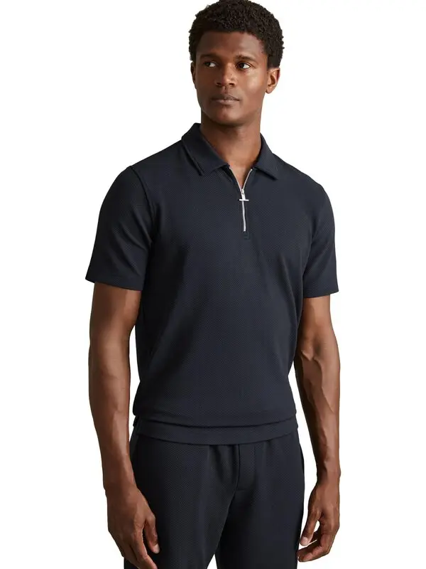 REISS Albany Textured Zip-neck Polo Shirt - Navy