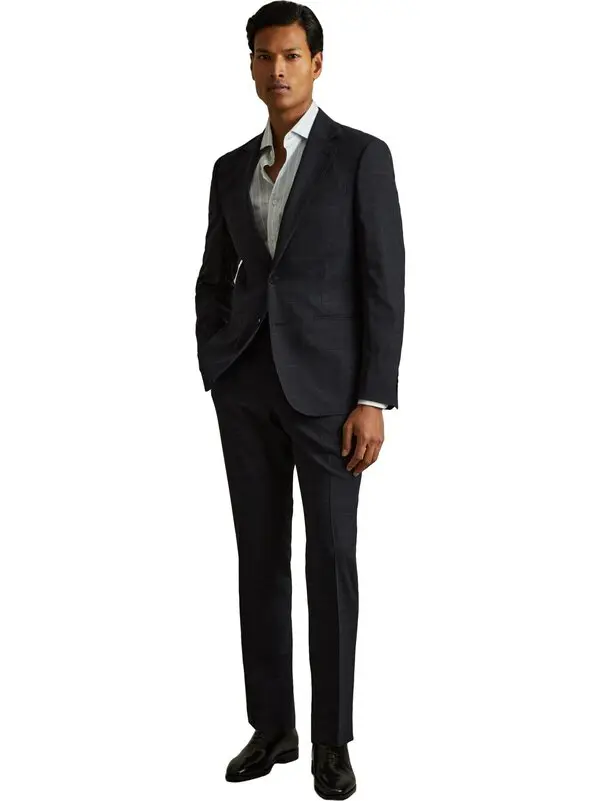 REISS Grace Wool Blend Suit Trousers In Prince Of Wales Check - Navy