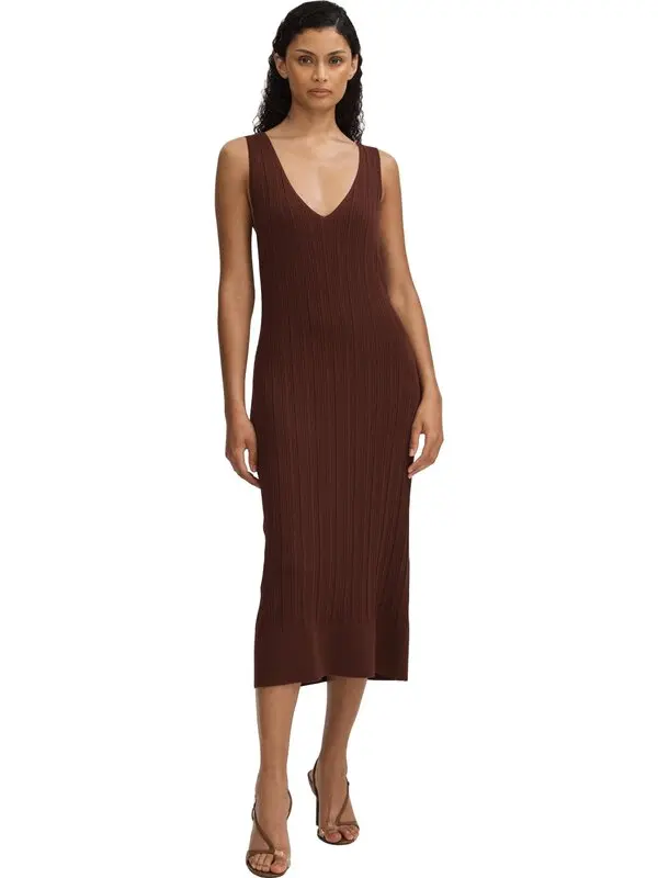 Paige Ribbed Bodycon Midi Dress - Brown