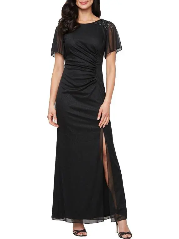 SL FASHIONS Sparkle Embellished Shoulder Gown - Black