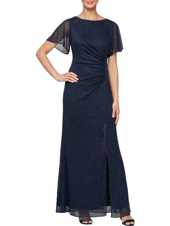 SL FASHIONS Sparkle Embellished Shoulder Gown - Navy