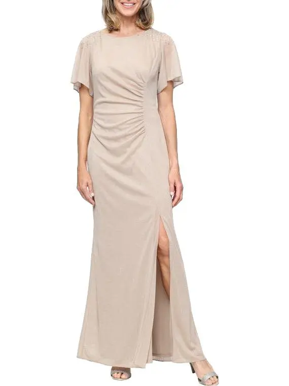 SL FASHIONS Sparkle Embellished Shoulder Gown - Champagne