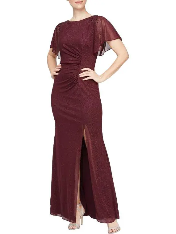 SL FASHIONS Sparkle Embellished Shoulder Gown - Fig