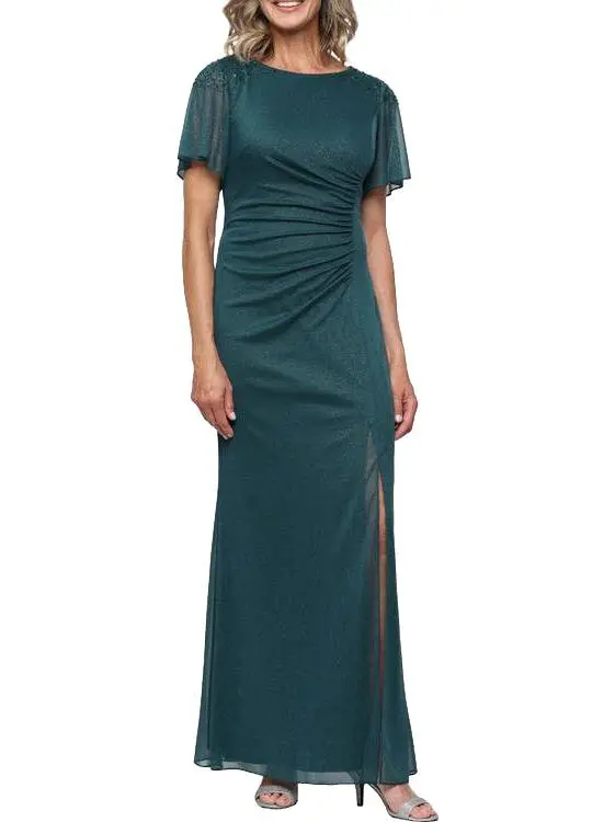 SL FASHIONS Sparkle Embellished Shoulder Gown - Pine