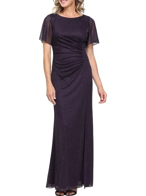 SL FASHIONS Sparkle Embellished Shoulder Gown - Plum