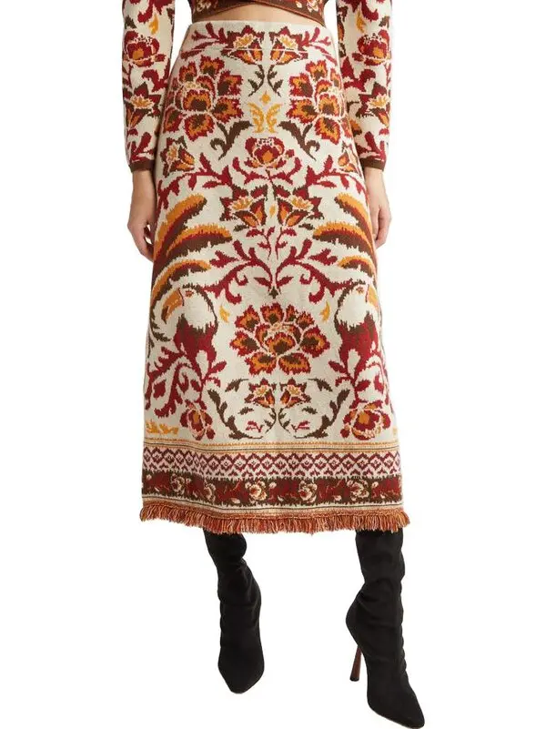 Farm Rio Toucan Scarf Jacquard Knit Skirt - Toucans Scarf Cream