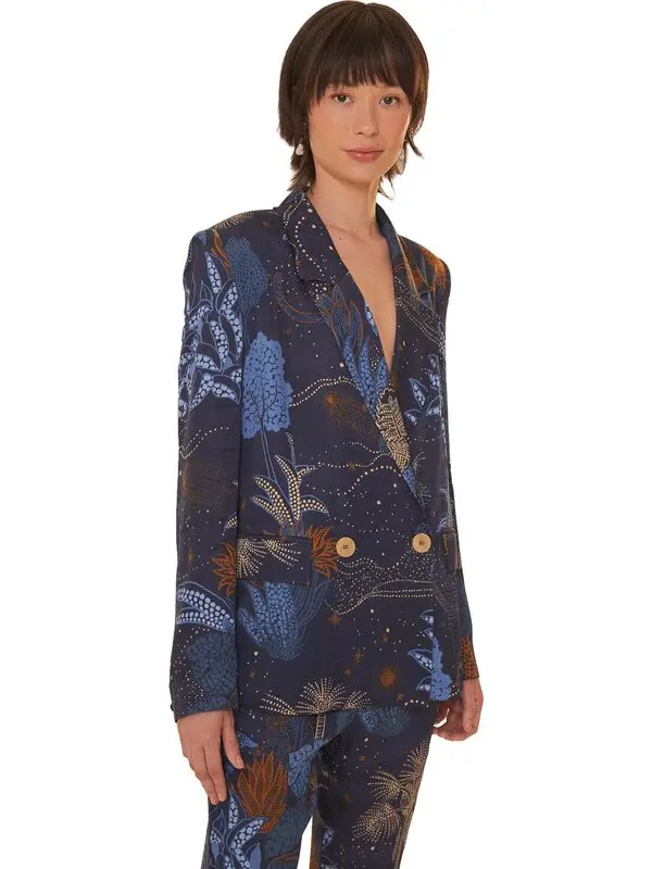 Farm Rio Printed Blazer With Shawl Collar - Night Jungle Navy Blue